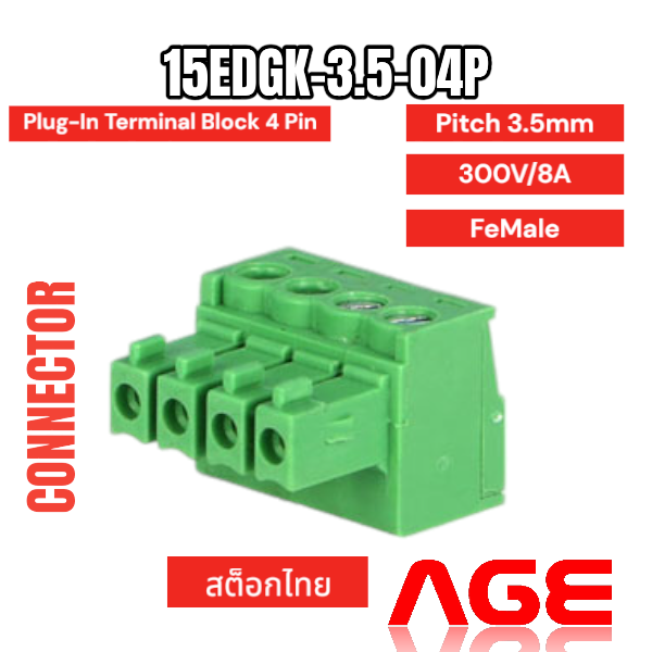Plug-In Terminal Block 4 Poles,Female,300V/8A,3.5mm ,15EDGK-3.5-04P-14-00AH - AgeBkk จำหน่ายและ ...