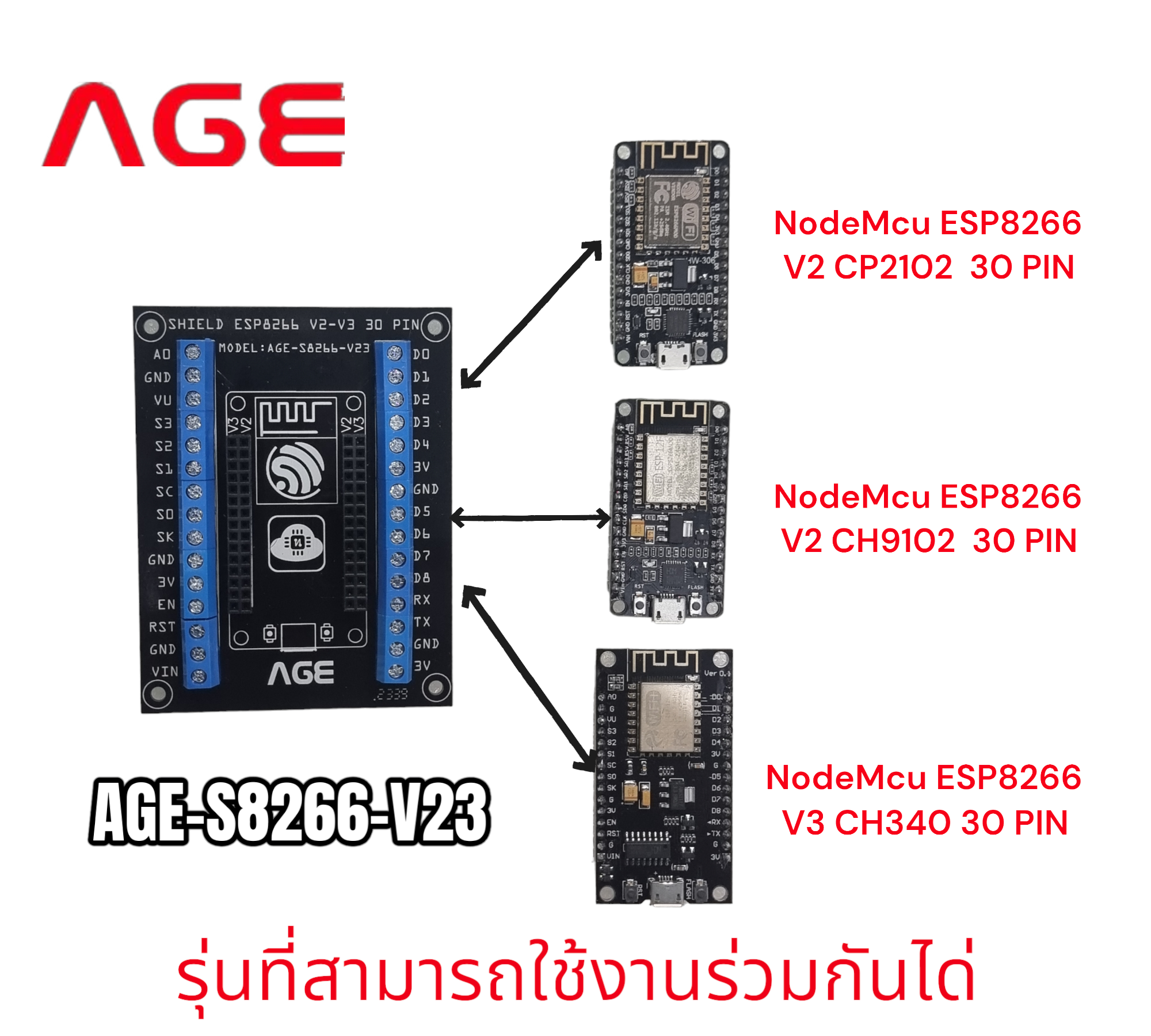 SHIELD NodeMCU ESP8266 V2-V3 30 PIN, AGE-S8266-V23,Screw Shield บอร์ด ...